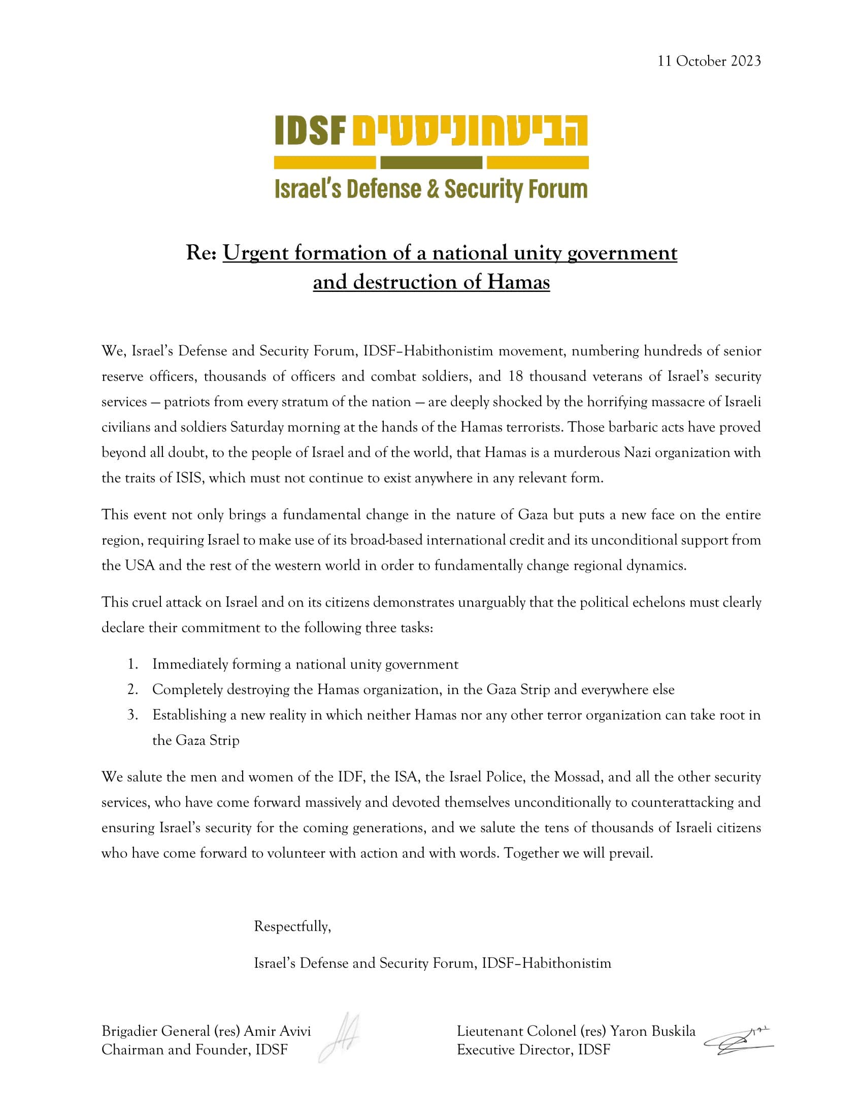 Swords of Iron: IDSF Urgent Call to Political Leaders to Form a National Unity Government and ...